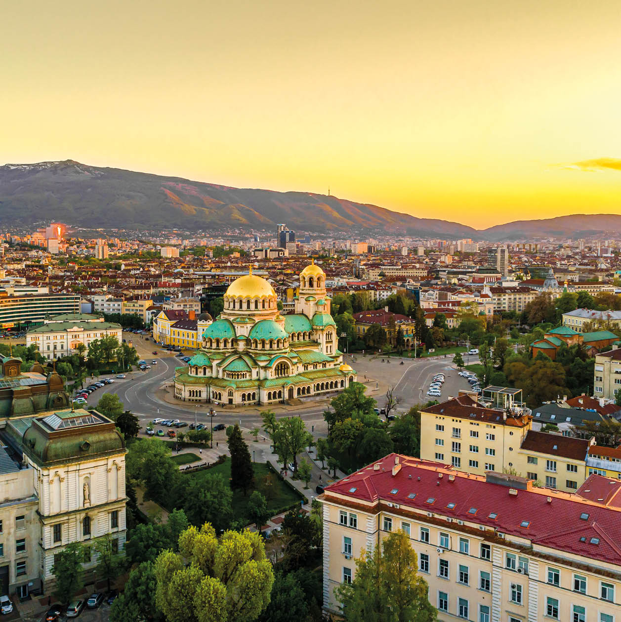 Beautiful drone shot of downtown district of Sofia, Bulgaria, St ...