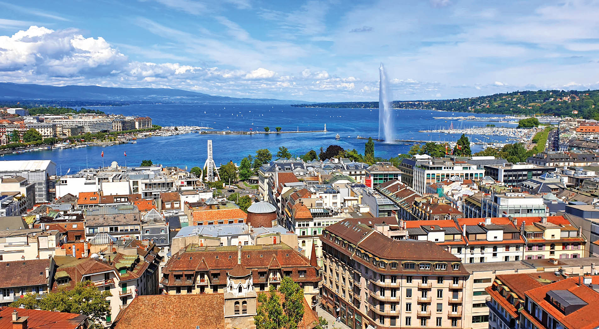 Aerial view of Geneva, Lake Geneva with famous fountain. Photo taken ...
