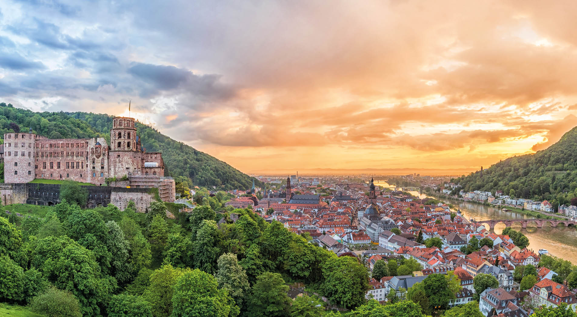 Aerial panoramic cityscape of Heidelberg on sunset, Baden-Wurttemberg ...